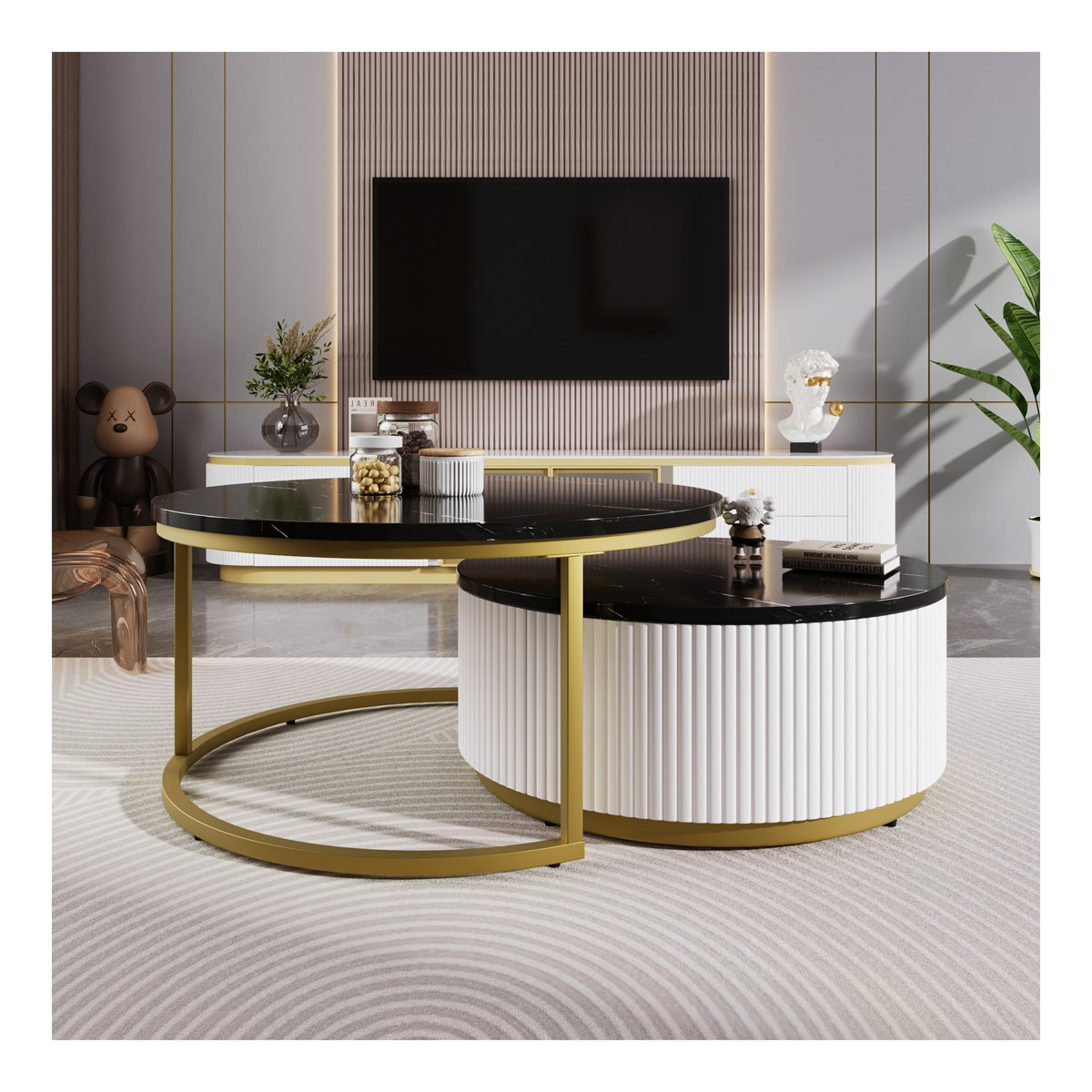 Everly Quinn Modern Round Nesting Coffee Table Fluted With Drawer In Black & Gold In 27.6 ...